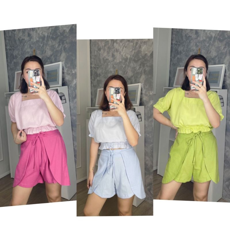 Jual Candice Ruffle Top with Double Layer short ( set ) | Shopee Indonesia