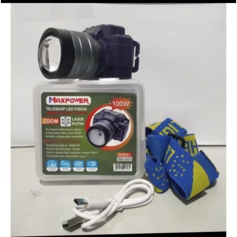 Jual Senter Kepala Laser Zoom MX-S01/ MX-S08 MAXPOWER / LUBY / AMASON Cahaya Purnama Putih ...