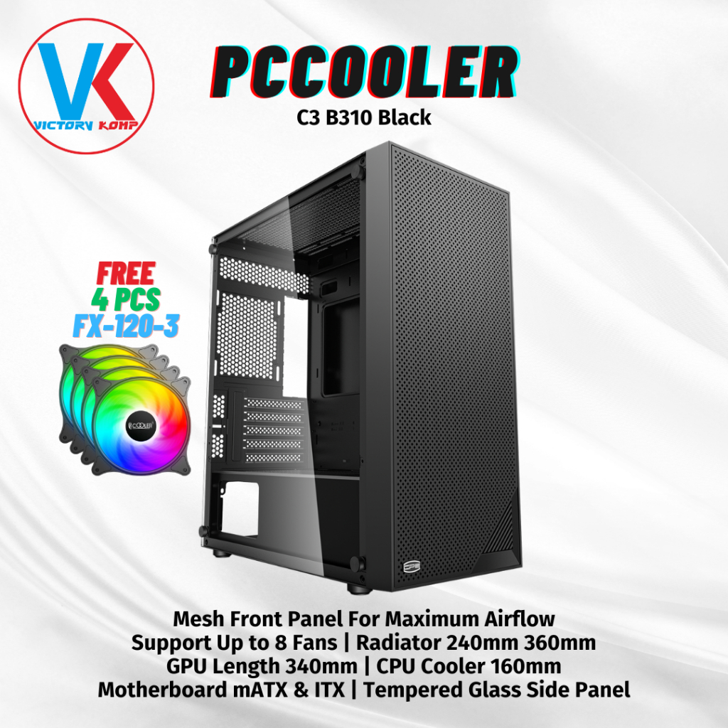 Jual Case PC Gaming PCCooler C3B310 Black 4 Fan RGB mATX Gaming Case Tempered Glass High Airflow ...