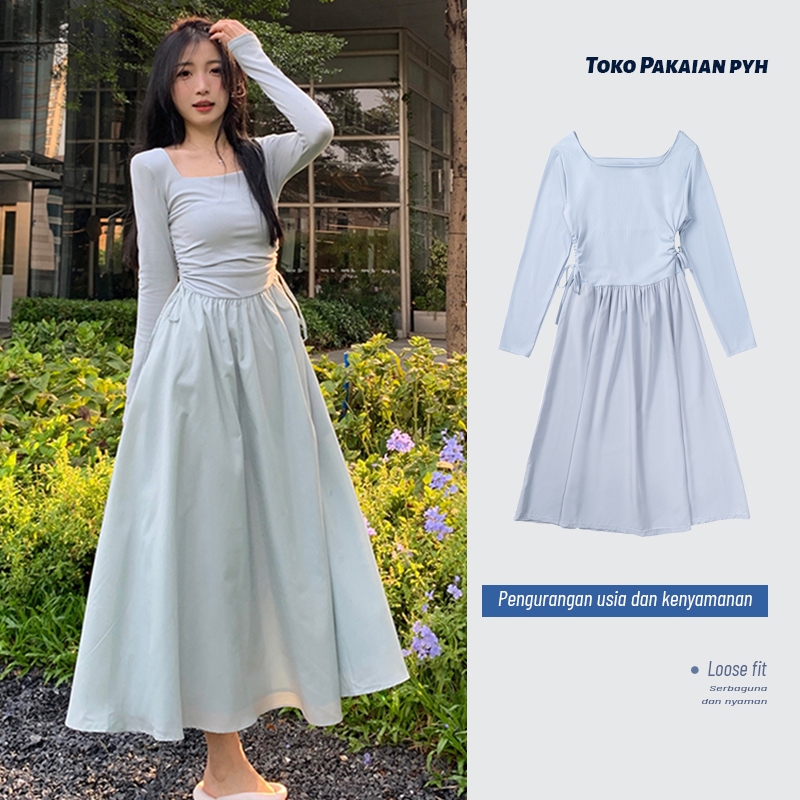 Jual Dress Korea Dress Biru Muda Dress Midi Premium Murah Terbaru Dress ...