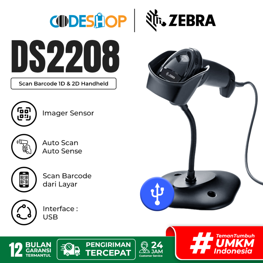 Jual Scanner Barcode Zebra DS2208 Imager 2 Dimensi USB + Stand | Shopee ...