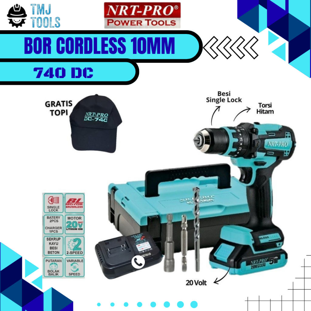Jual NRT PRO Cordless Bor Hammer Drill Driver 740DC BRUSHLESS 10MM 20V ...
