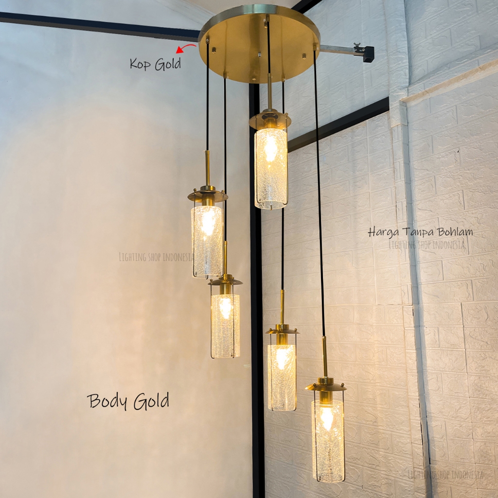 Jual Lampu gantung void tangga 5in1 body gold hitam kaca bermotif minimalis 5lampu kaca es ...