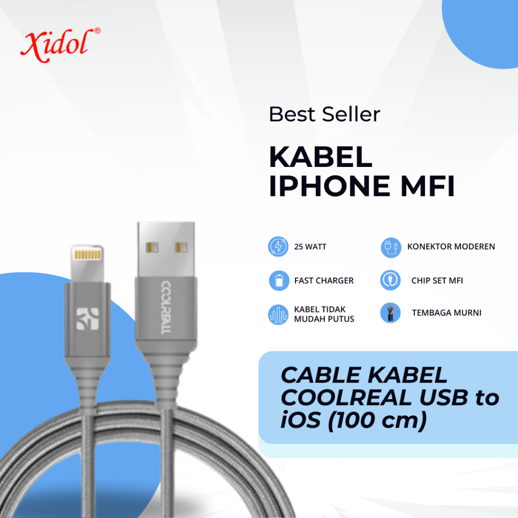 Jual KABEL COOLREALL USB to iOS IPHONE BERLISENSI MFI (100 cm) ORIGINAL ...