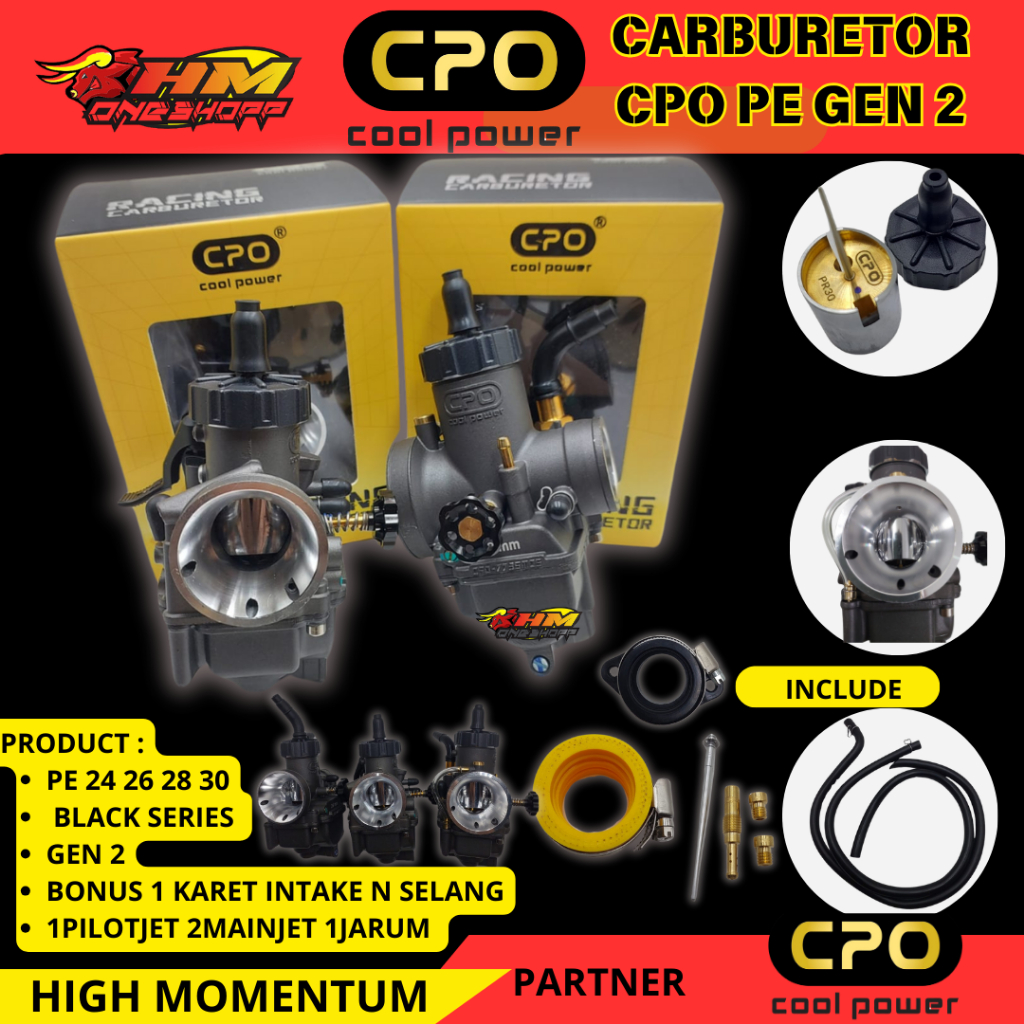 Jual Karburator CPO PE 24 26 28 30mm gen 2 racing black karbu pe bonus pilot jet karet intake ...