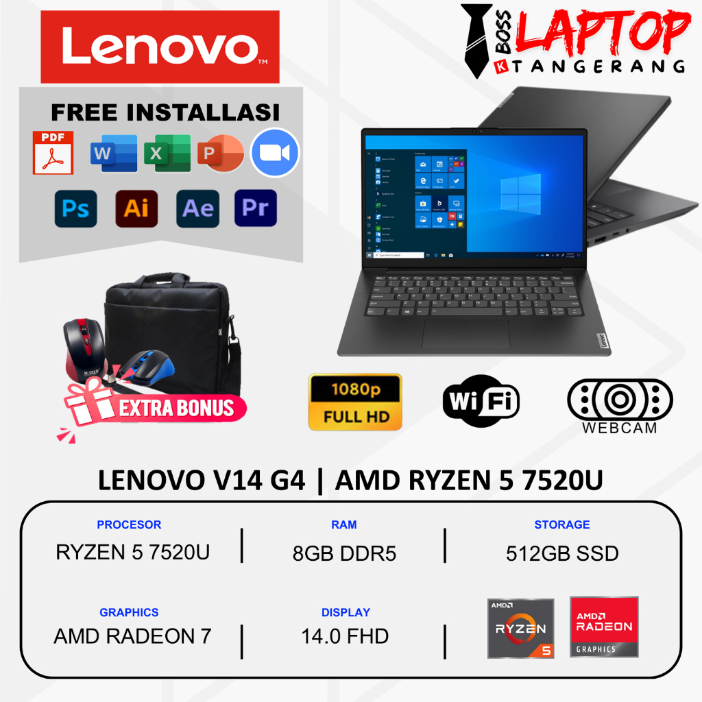 Jual LAPTOP KANTOR TIPIS LENOV V14 G4 AMD RYZEN 5 7520U 8GB 512GB SSD ...