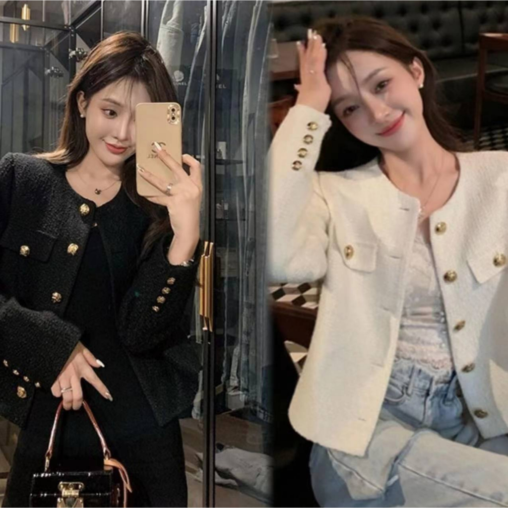 Jual Jaket Tweed Korea Style Wanita 3 Warna Hitam Hijau Cream Kancing ...