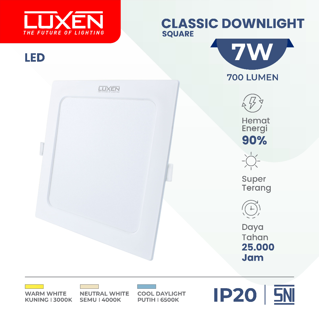 Jual LUXEN Downlight LED Persegi Classic 7 Watt Cahaya Putih, Kuning ...