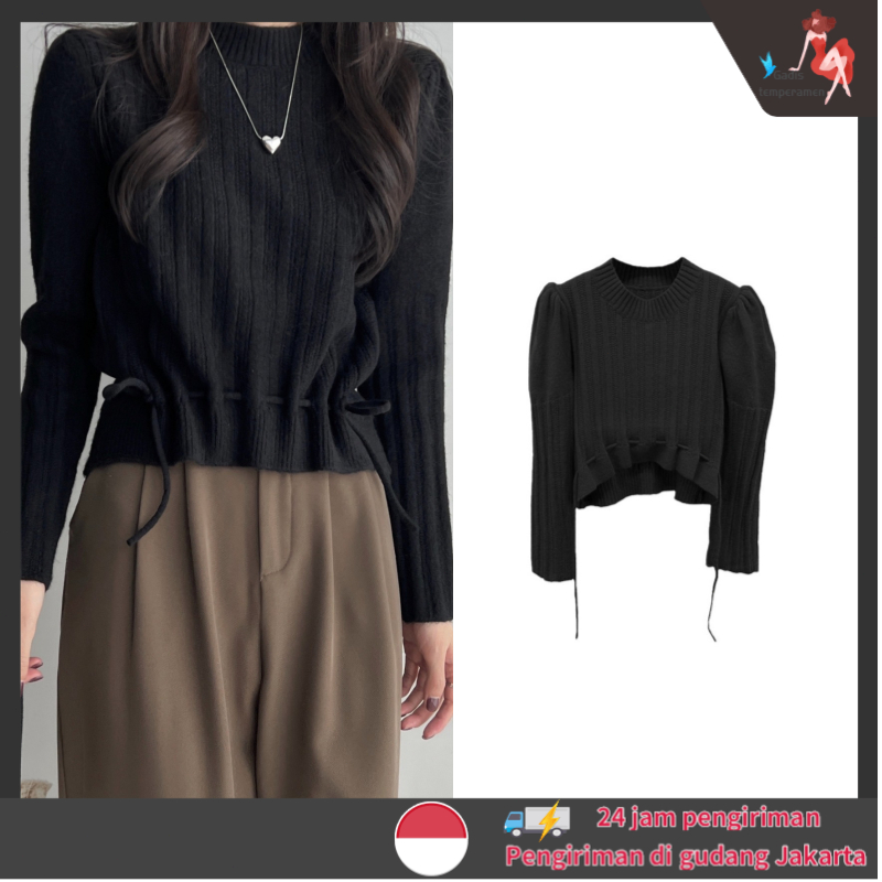 Jual Karley - Baju Knit Top Wanita Lengan Panjang Polos Vintage Serut ...