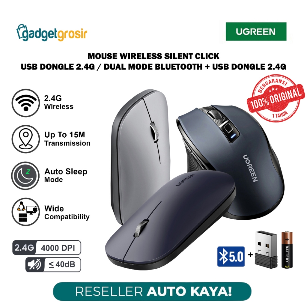 Jual UGREEN Mouse Wireless Silent Klik 2.4Ghz Bluetooth 4000 DPI ...