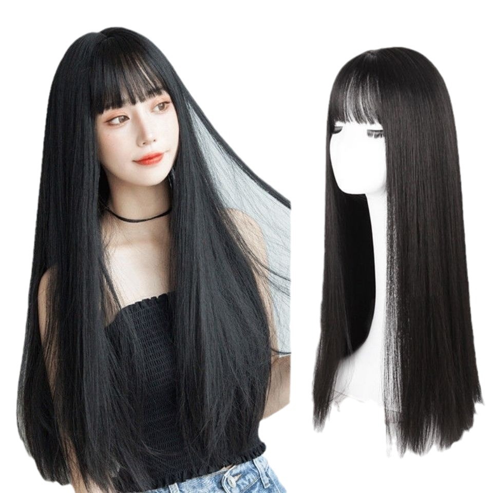 Jual Full Wig Korean Wig Rambut Hitam Wig Rambut Panjang Poni Set Wig ...