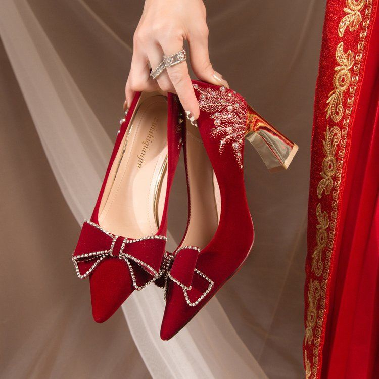 Jual Wedding Shoes Female Wine Red High Heel Shoes Not Tired Feet Xiuhe ...