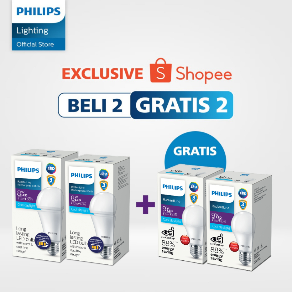 Jual Philips Paket Beli 2 Lampu Radiantline emergency 8W 6500k Putih Gratis 2 Lampu LED Bulb 9W ...