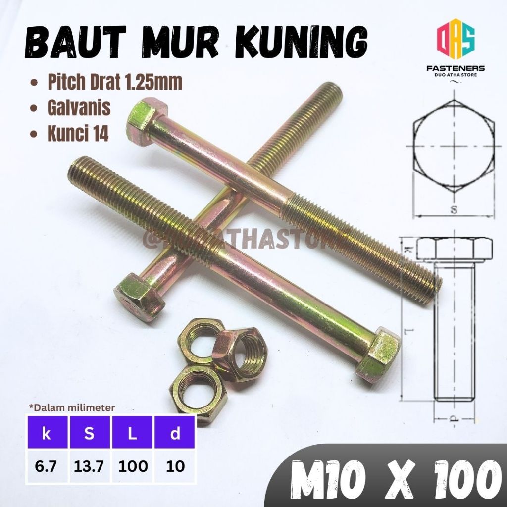 Jual Baut Mur Kuning M10x100 / BMK M10 x 100 Kunci 14 Half Drat | Shopee Indonesia