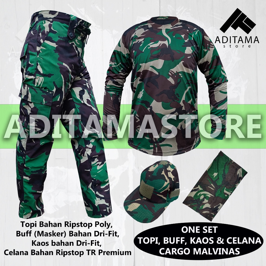 Jual Satu Set Setelan Kaos Baju Topi Buff Celana Pria PDL Loreng Malvinas Army Decker Panjang ...