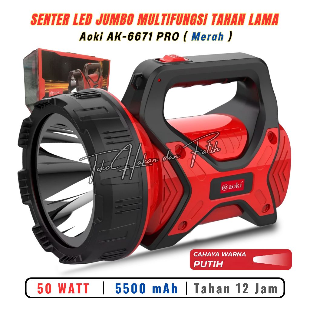Jual Aoki Premium AK-6671 Senter LED Jumbo 50 Watt Super Terang - Merah ...