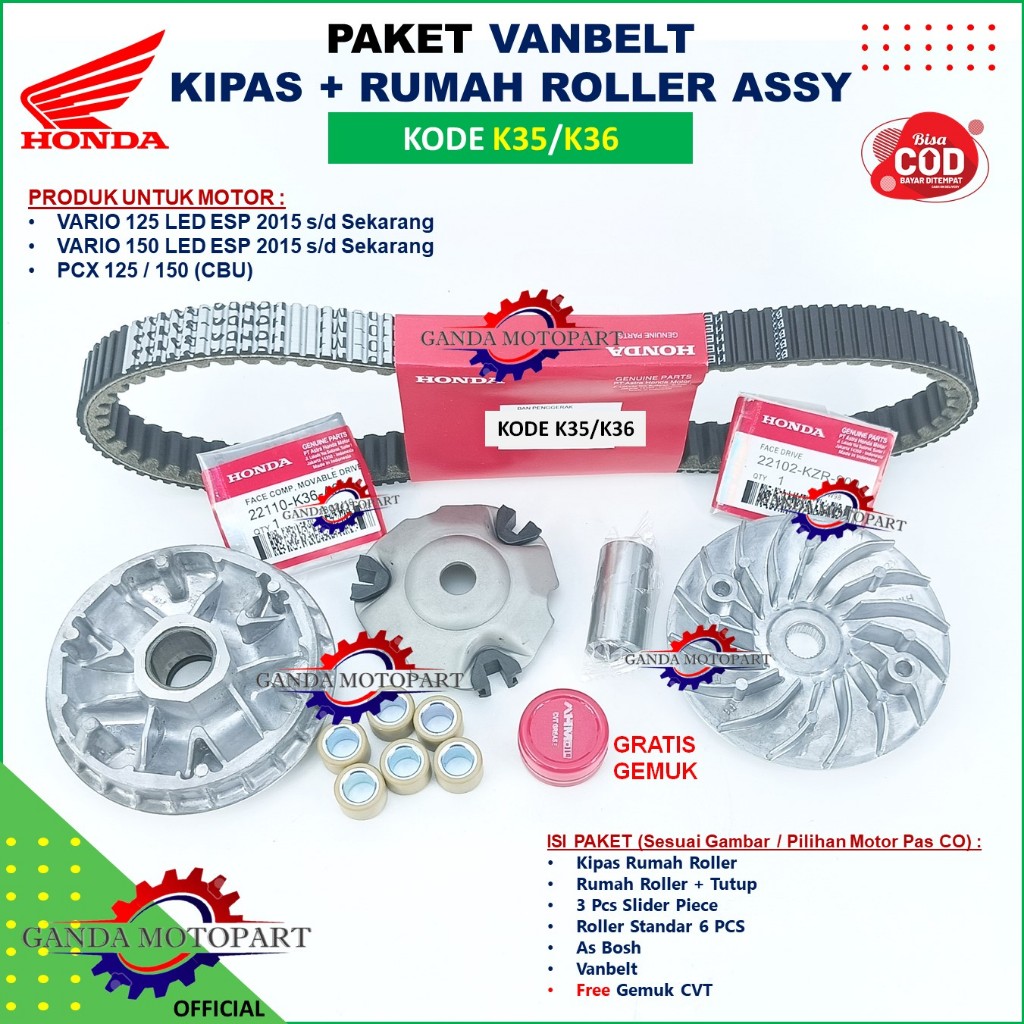 Jual Paket Vanbelt Kipas Rumah Roller Set Vario 125 fi Tekno KZR Vario 125 150 Led Esp K35 K36 ...