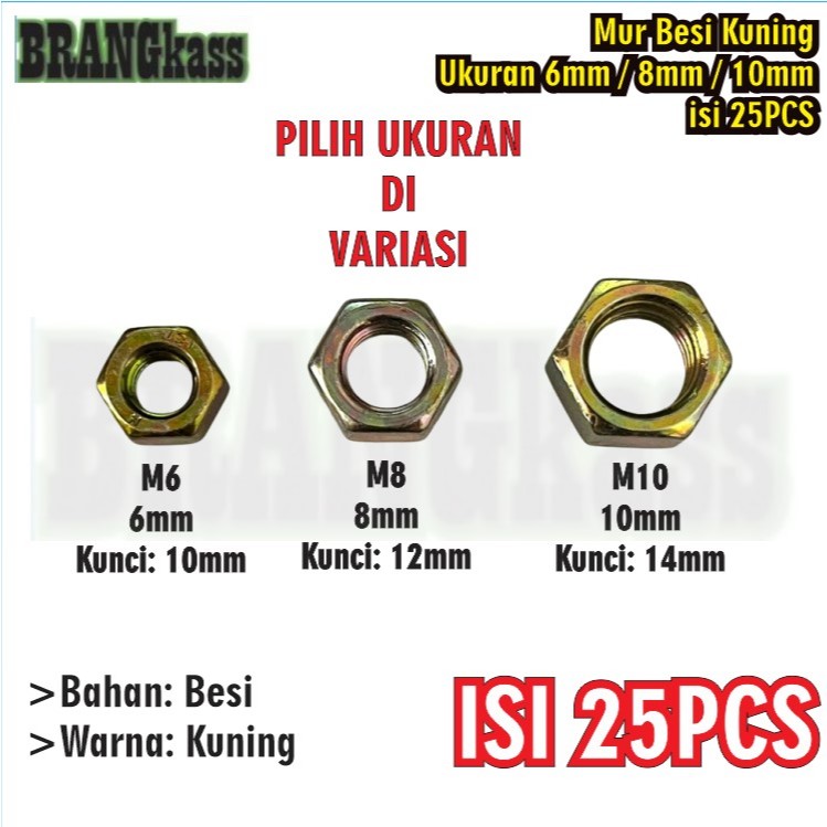 Jual 25PCS Mur Besi KUNING Ukuran 6mm / 8mm / 10mm / Mur 10 / Mur 12 ...