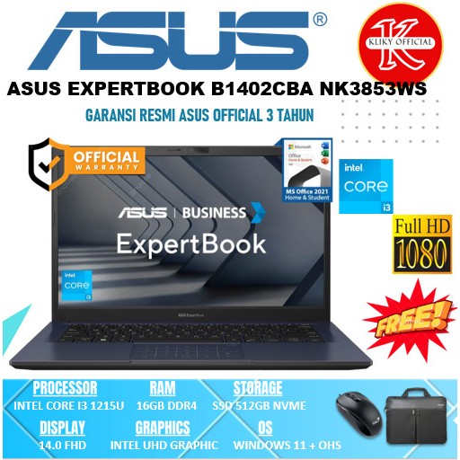 Jual Laptop Kerja ASUS EXPERTBOOK B1402CBA Intel Core i3 1215U RAM 16GB ...
