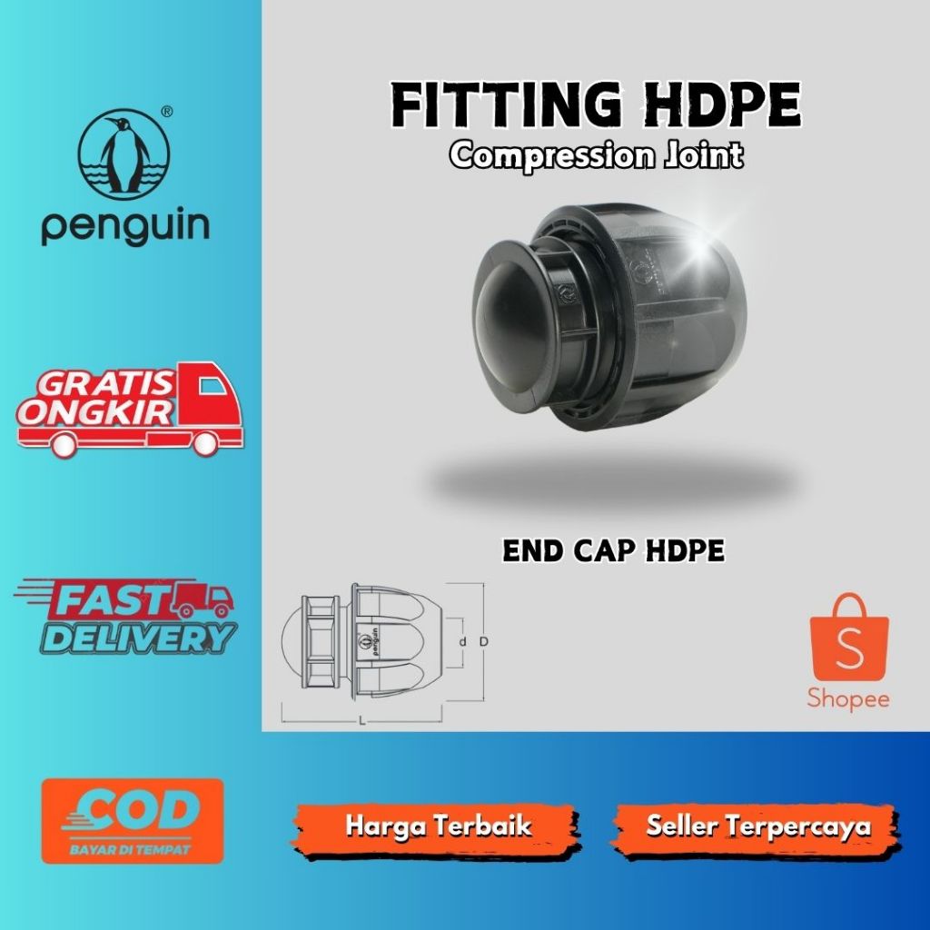 Jual Penyambung Pipa HDPE (Fitting Compression End CAP HDPE) Merek Penguin Ukuran 3" | Shopee ...