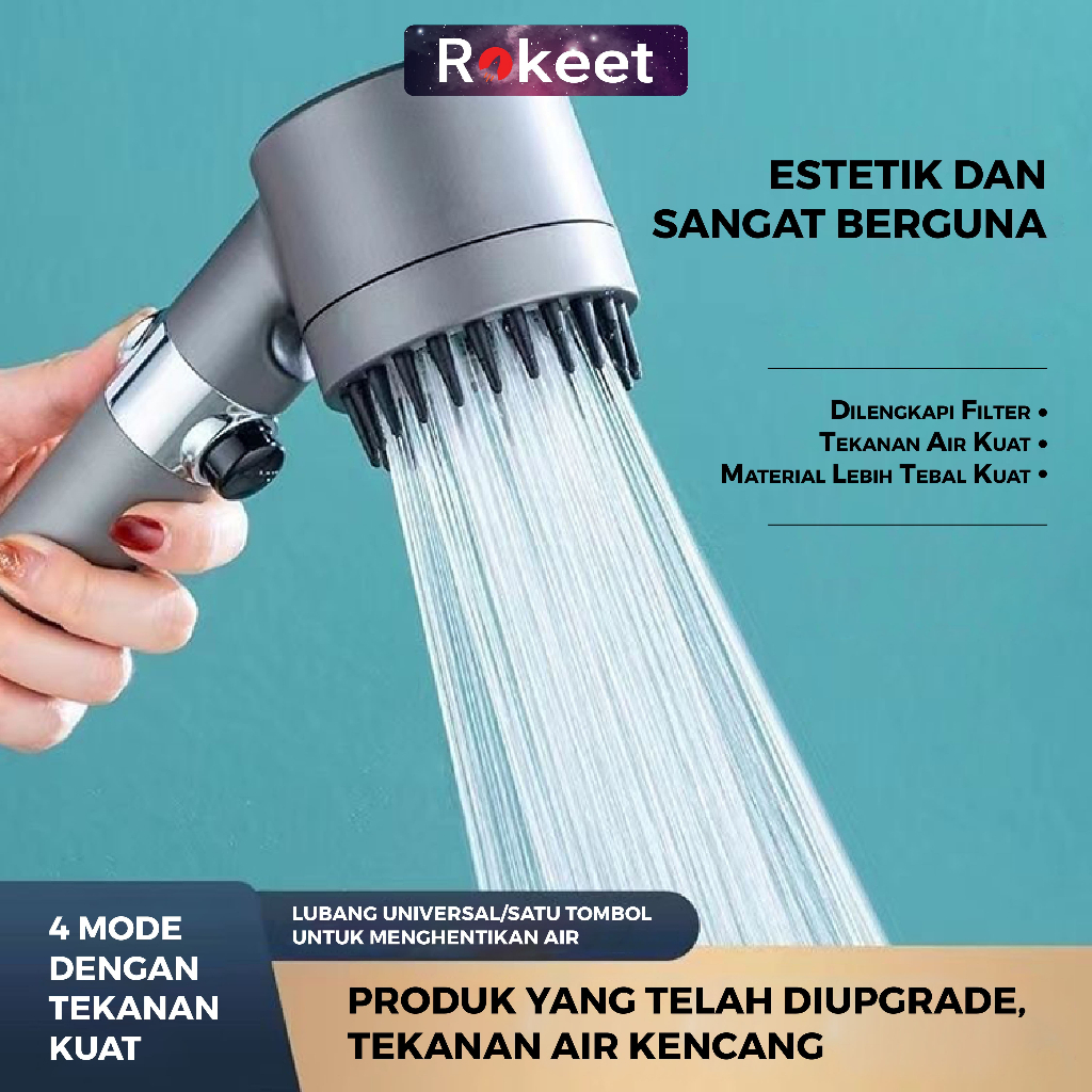 Jual Rokeet Kepala Shower Kamar Mandi Saringan Bawaan Turbo Hand Jet Shower 4 Mode Adjustable ...