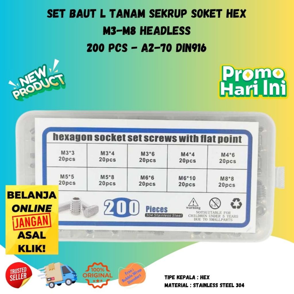 Jual Set Baut L Tanam Sekrup Soket Hex M3-M8 Headless 200 pcs Tahan ...