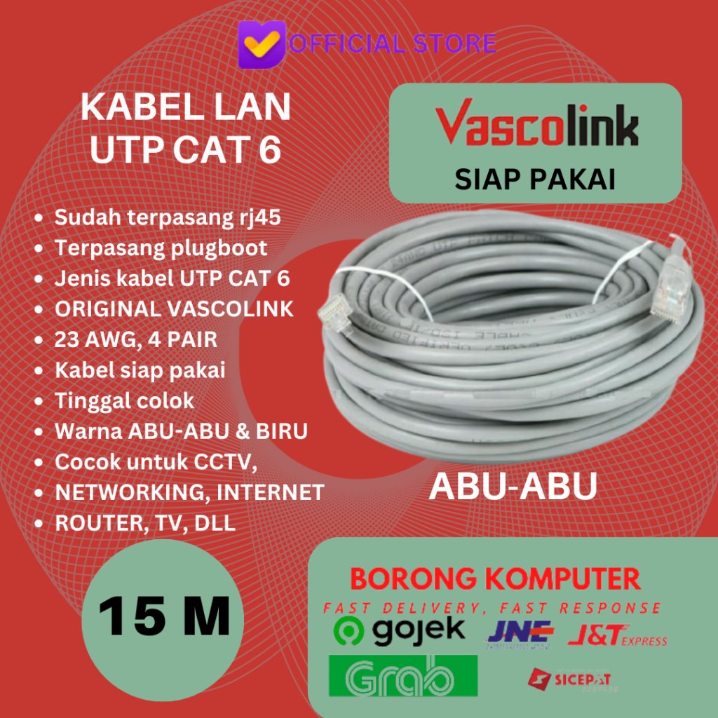 Jual Kabel Lan Cat 6 VASCOLINK 15 meter Siap Pakai / 15meter UTP cat 6 VASCOLINK ORIGINAL ...