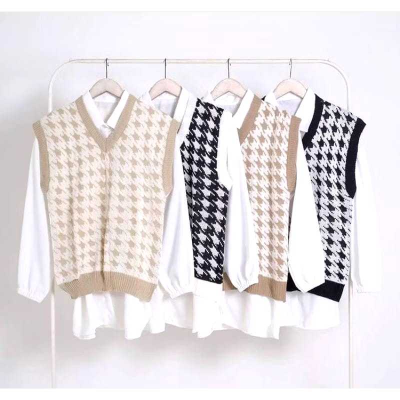 Jual Vest Rajut Wanita Kerah V Motif HoundstoothRompi Rajut Wanita ...