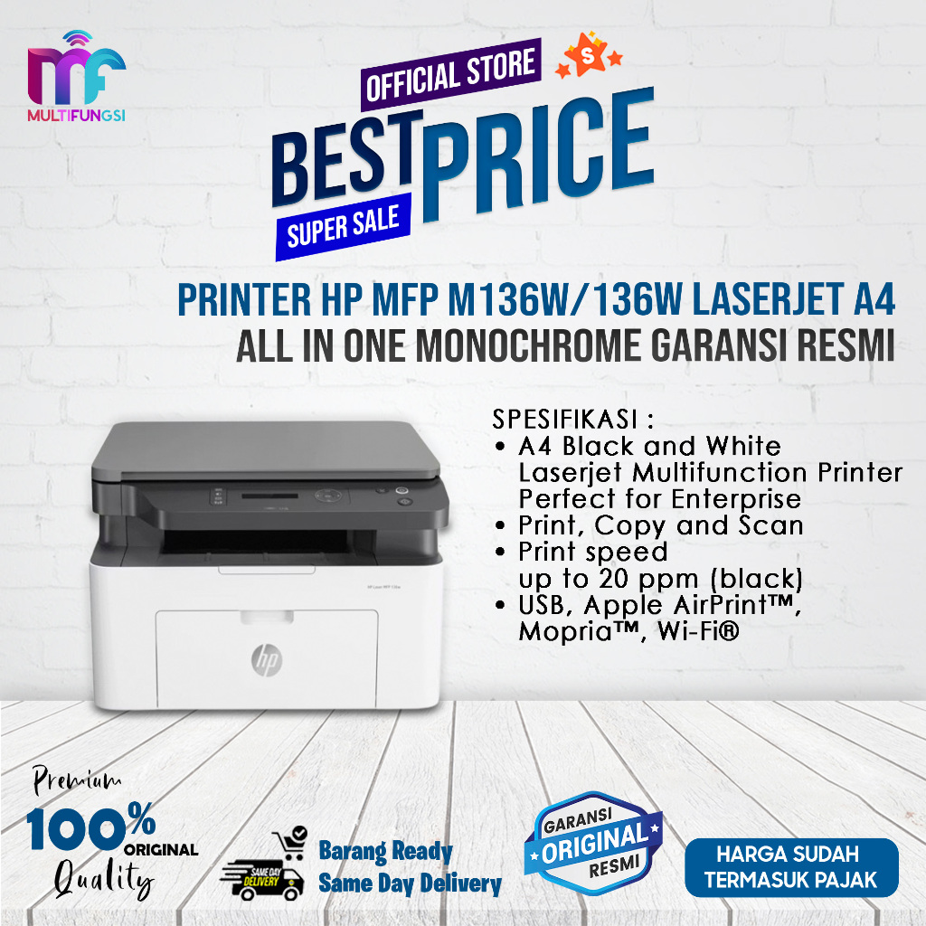Jual Printer HP MFP 136w Laserjet A4 All In One Monochrome Garansi Resmi | Shopee Indonesia