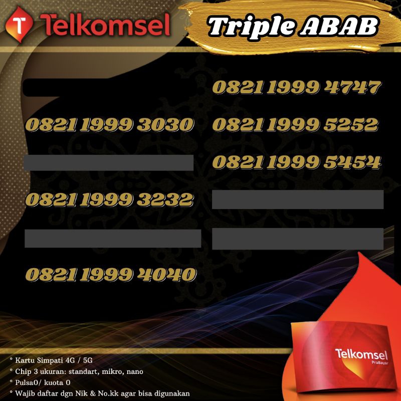 Jual NOMOR CANTIK KARTU PERDANA TELKOMSEL 4G - 5G seri TRIPLE 999 ABAB NOCAN MURAH | Shopee ...