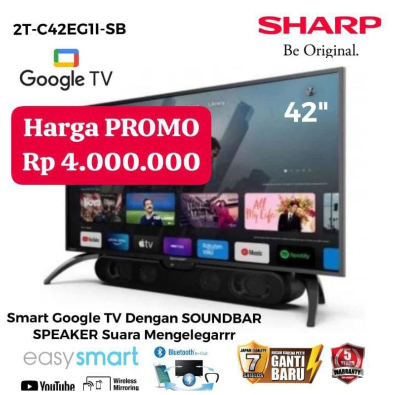 Jual LED SHARP Google Smart TV 42 Inch - Dengan SPEAKER SOUNDBAR FHD 2T-C42EG1I Dolby Digital ...