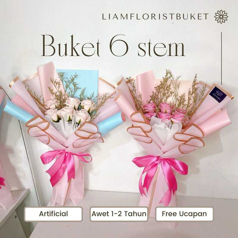 Jual BUKET BUNGA MAWAR 6 STEM SPON/BUKET BUNGA ARTIFICIAL/BUKET ULANG ...