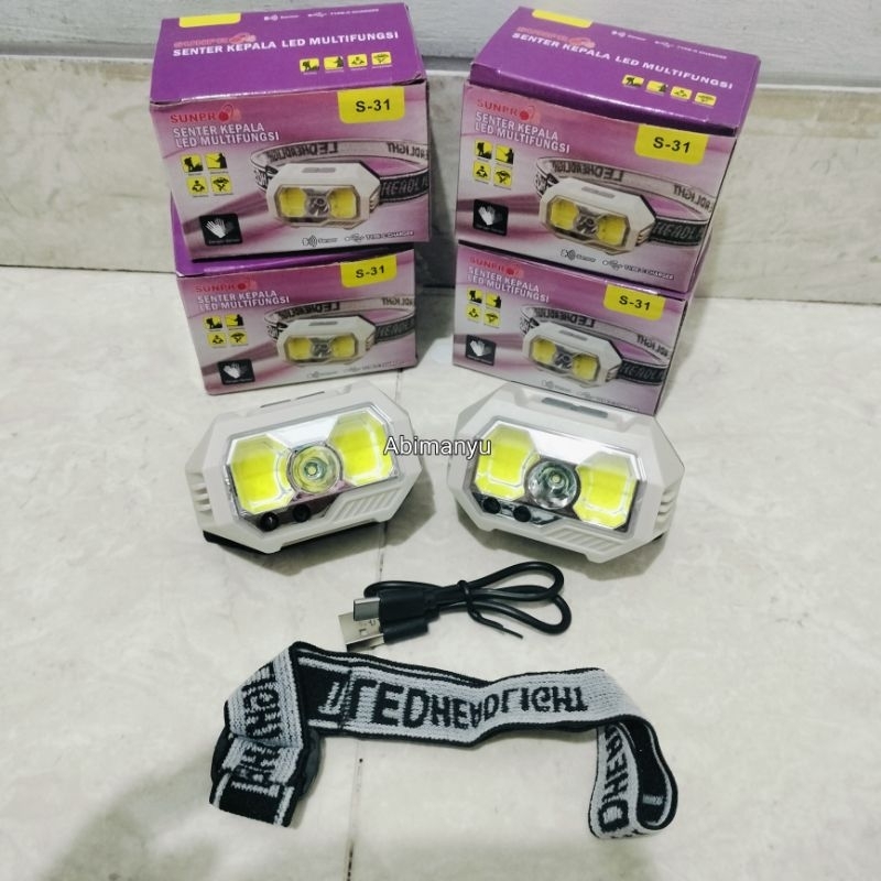 Jual senter kepala LED multifungsi sensor gerak sunpro S31 5 mode cahaya sos warna merah super ...