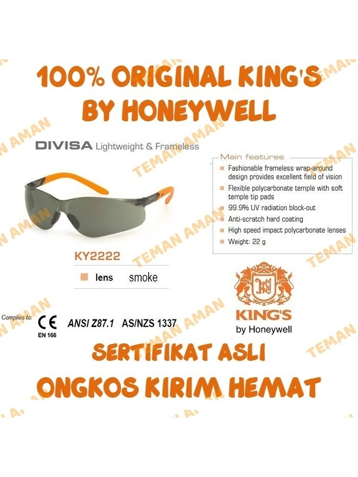 Jual KACAMATA SAFETY KY 2222 SMOKE KING KINGS KING'S BY HONEYWELL HITAM ...