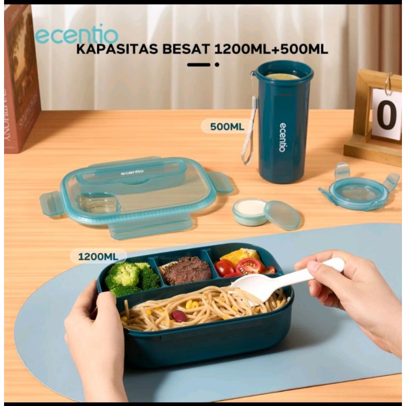 Jual ecentio Kotak Makan Lunch Box Set Botol Minum Free Sendok BPA Free | Shopee Indonesia