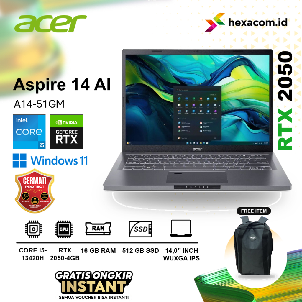 Jual ACER Aspire 14 AI A14-51GM i5-13420H RTX2050 512GB SSD 14" WUXGA IPS | Shopee Indonesia