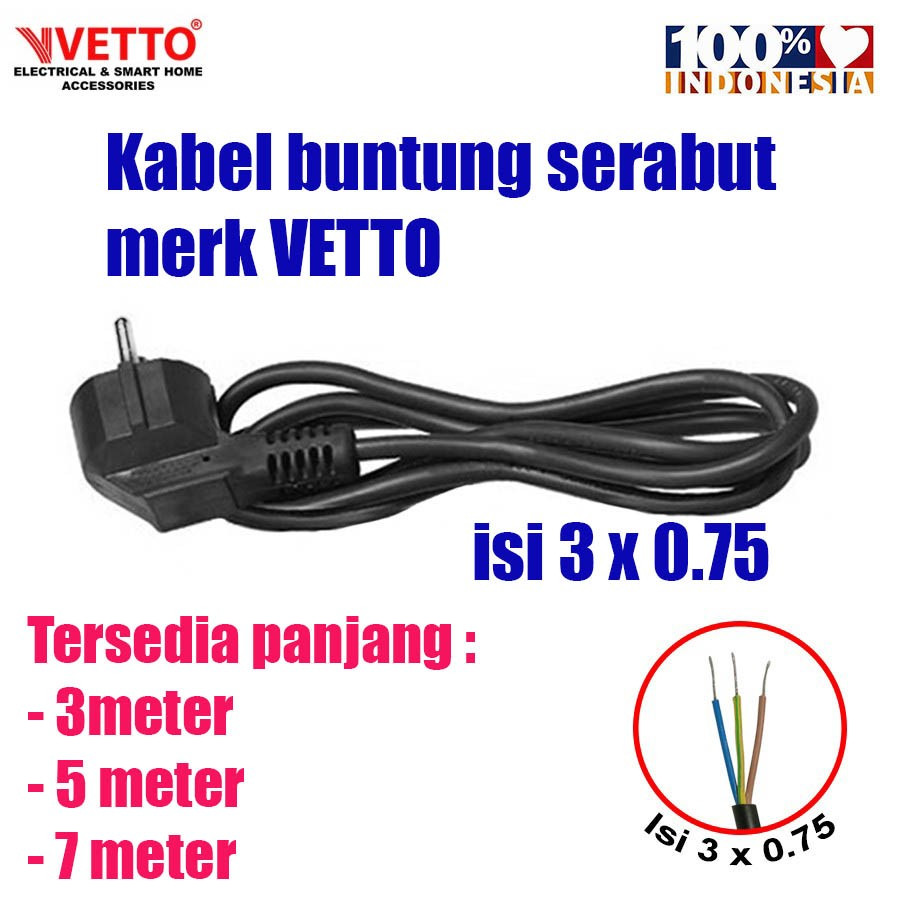 Jual VETTO kabel buntung serabut Isi 3 Ground 3x0.75 panjang 3m 5m 7m ...