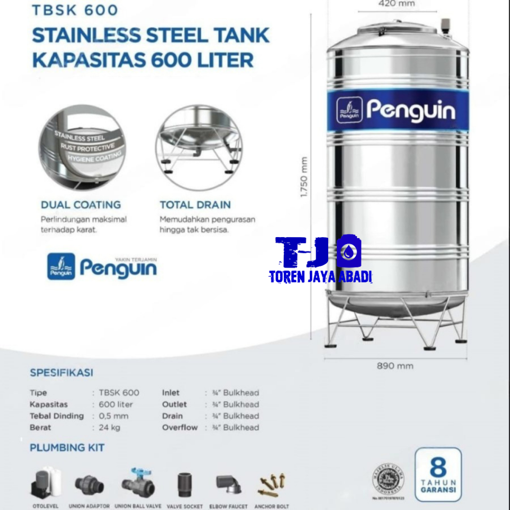 Jual Tandon / Toren / Tangki Air Stainless Penguin TBSK 600 - 600 Liter ...