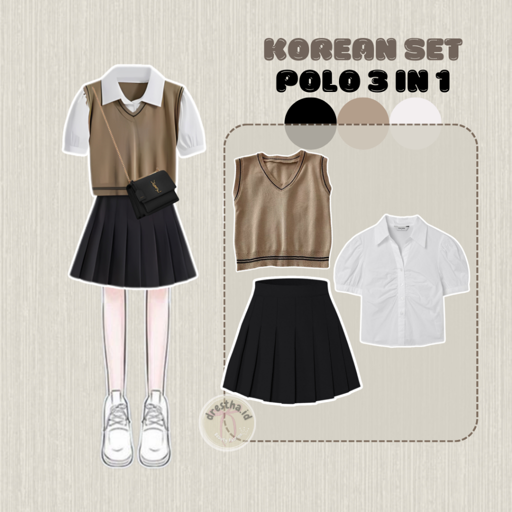 Jual One Set Korean Style Wanita 3IN1 Kemeja, Vest Rompi Polo, Rok Tennis Ala Korea Setelan OOTD ...