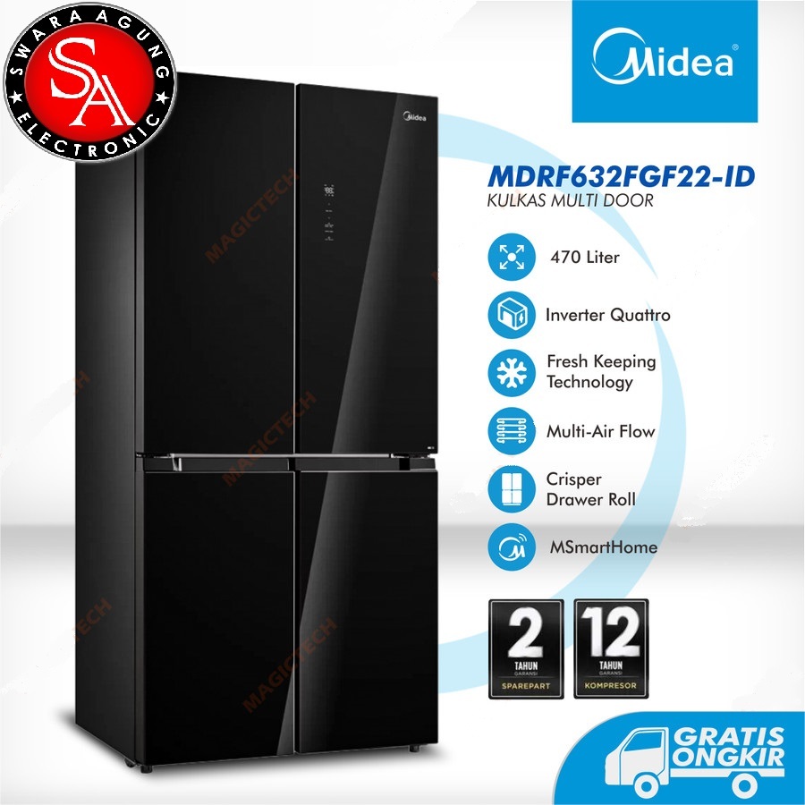 Jual Kulkas Multi Door 4 Pintu 470 Liter MIDEA Type : MDRF632FIF22ID - Black Glass - Inverter ...