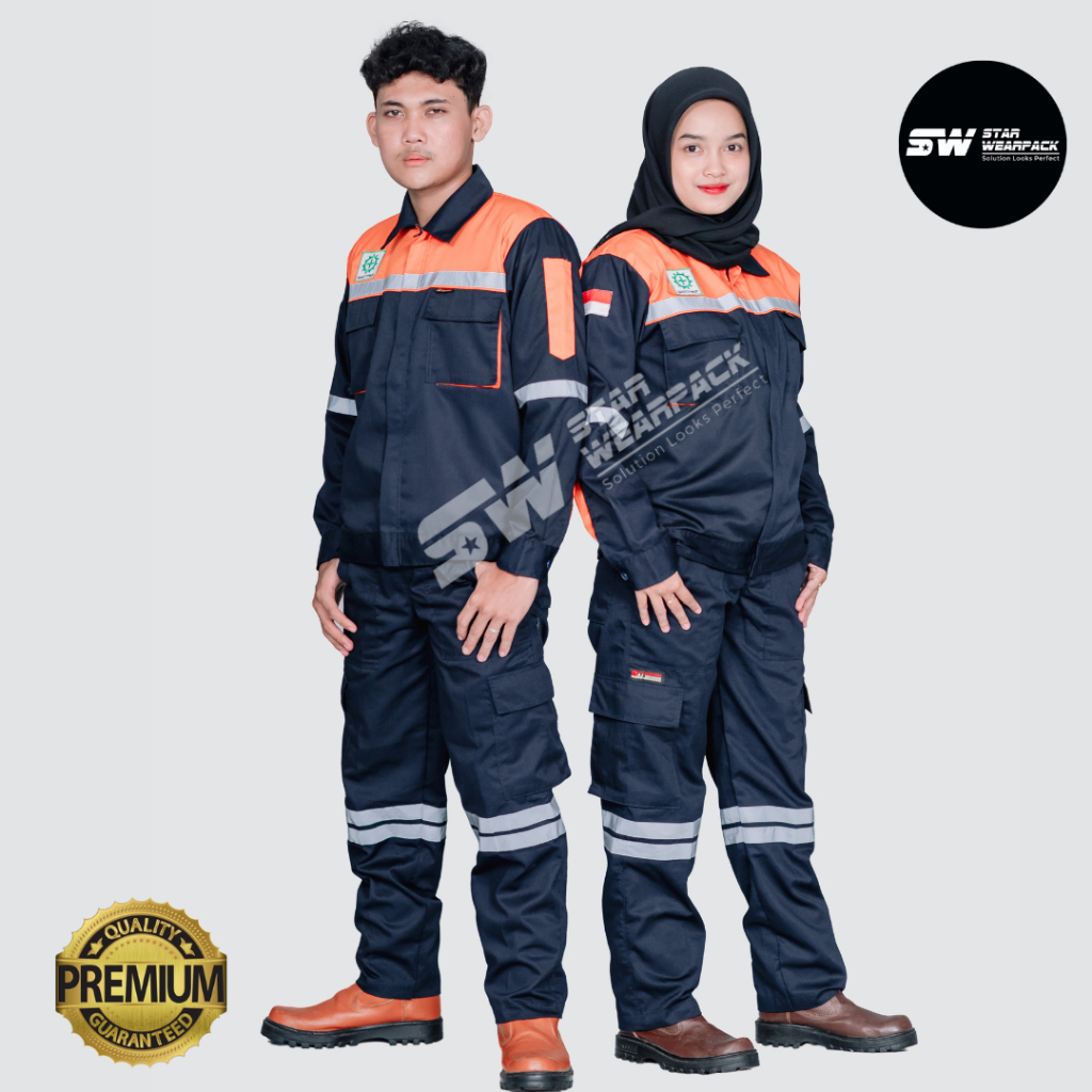 Jual Wearpack Setelan Baju & Celana Atasan Warna Dongker Kombinasi Oren ...