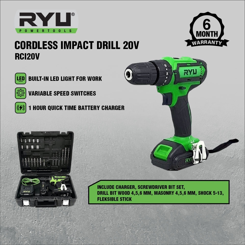 Jual Mesin Bor RYU RCI 20V Cordless Impact Drill Bor Cordless RYU RCI ...
