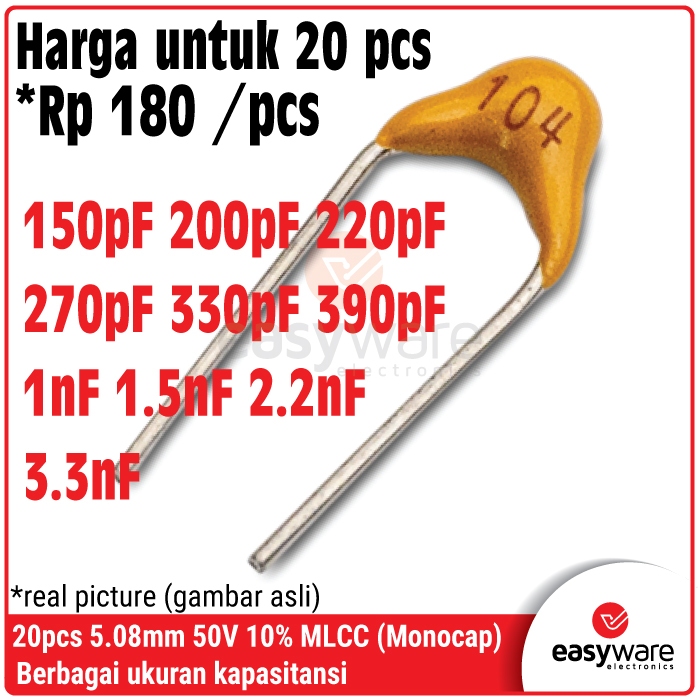 Jual 20x Capacitor Monocap 150pF 200pF 220pF 270pF 330pF 390pF 1nF 1.5nF 2.2nF 3.3nF 50V ...
