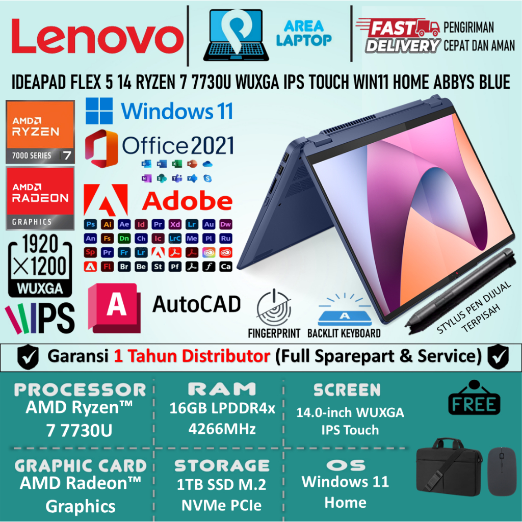 Jual Laptop Bisnis 2in1 Lenovo Ideapad Flex 5 14 AMD Ryzen 7 7730U 16GB 1TB WUXGA IPS Touch ...
