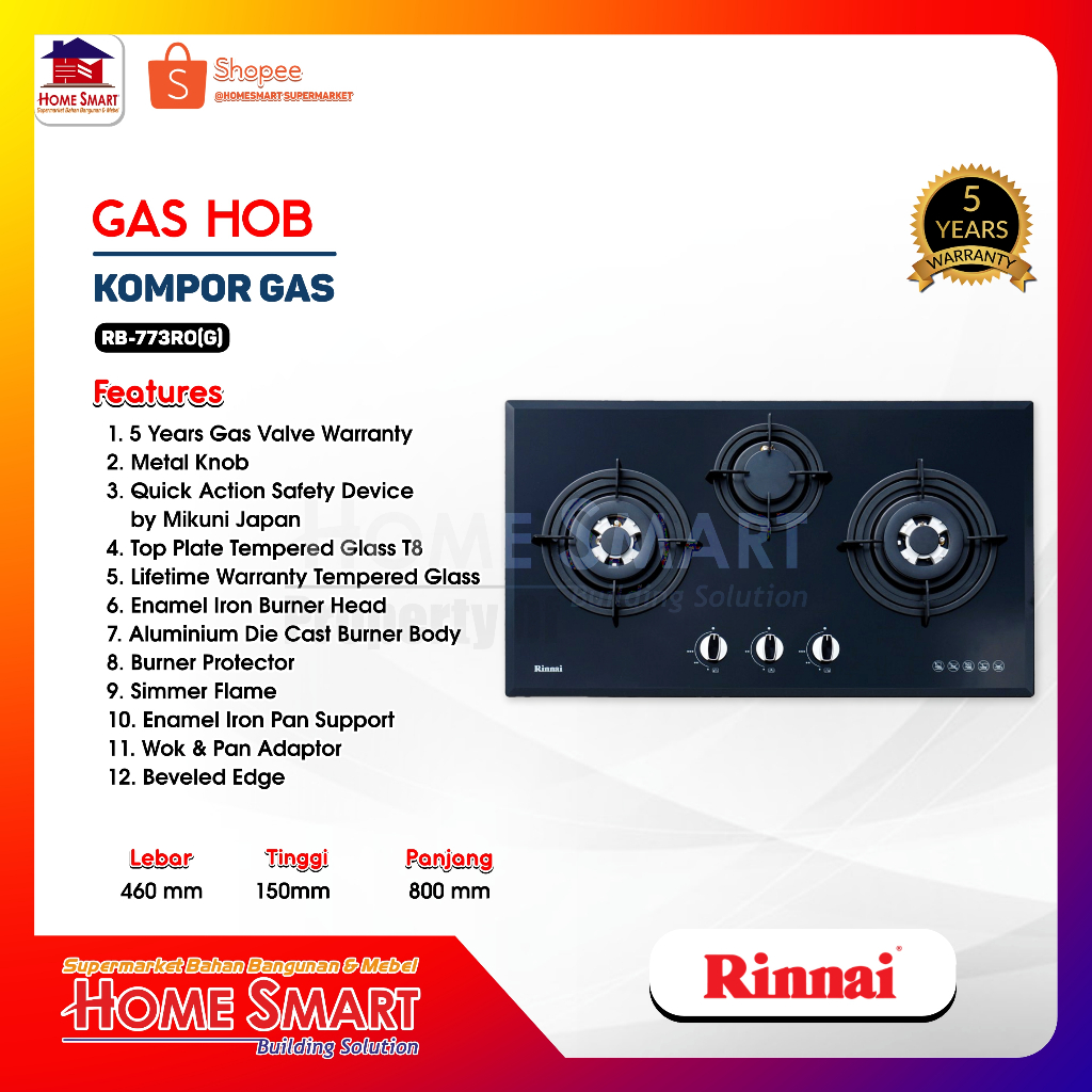 Jual Kompor Gas Tanam Built-in Gas Hob 3 Tungku RINNAI RB-773RO G | Shopee Indonesia