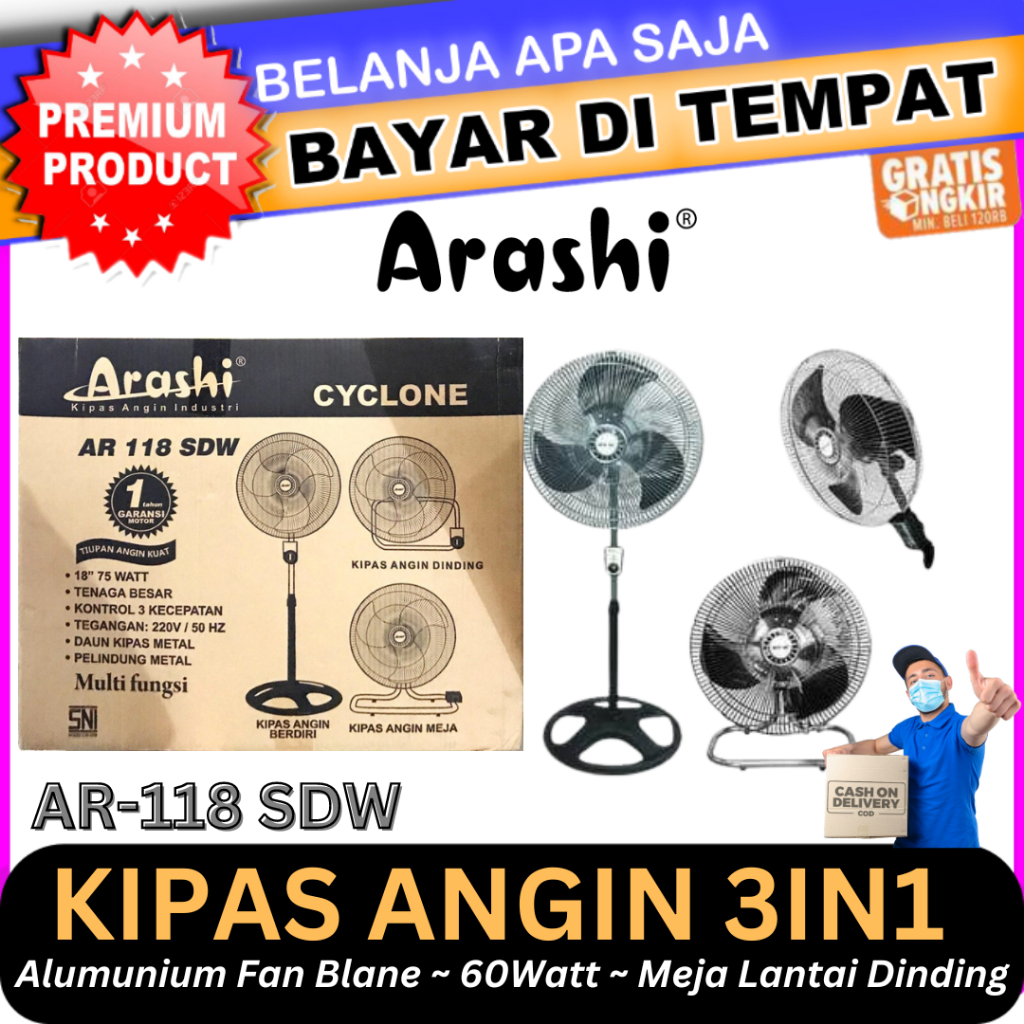 Jual KIPAS ANGIN BESI CYCLONE 3 IN 1 ARASHI 18 INCH AR-118 SDW Standing Fan Desk Fan Wall Fan ...