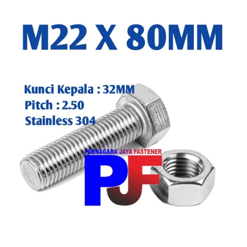 Jual Mur Baut / Bolt Nut M22 x 80 mm Stainless Steel 304 | Shopee Indonesia