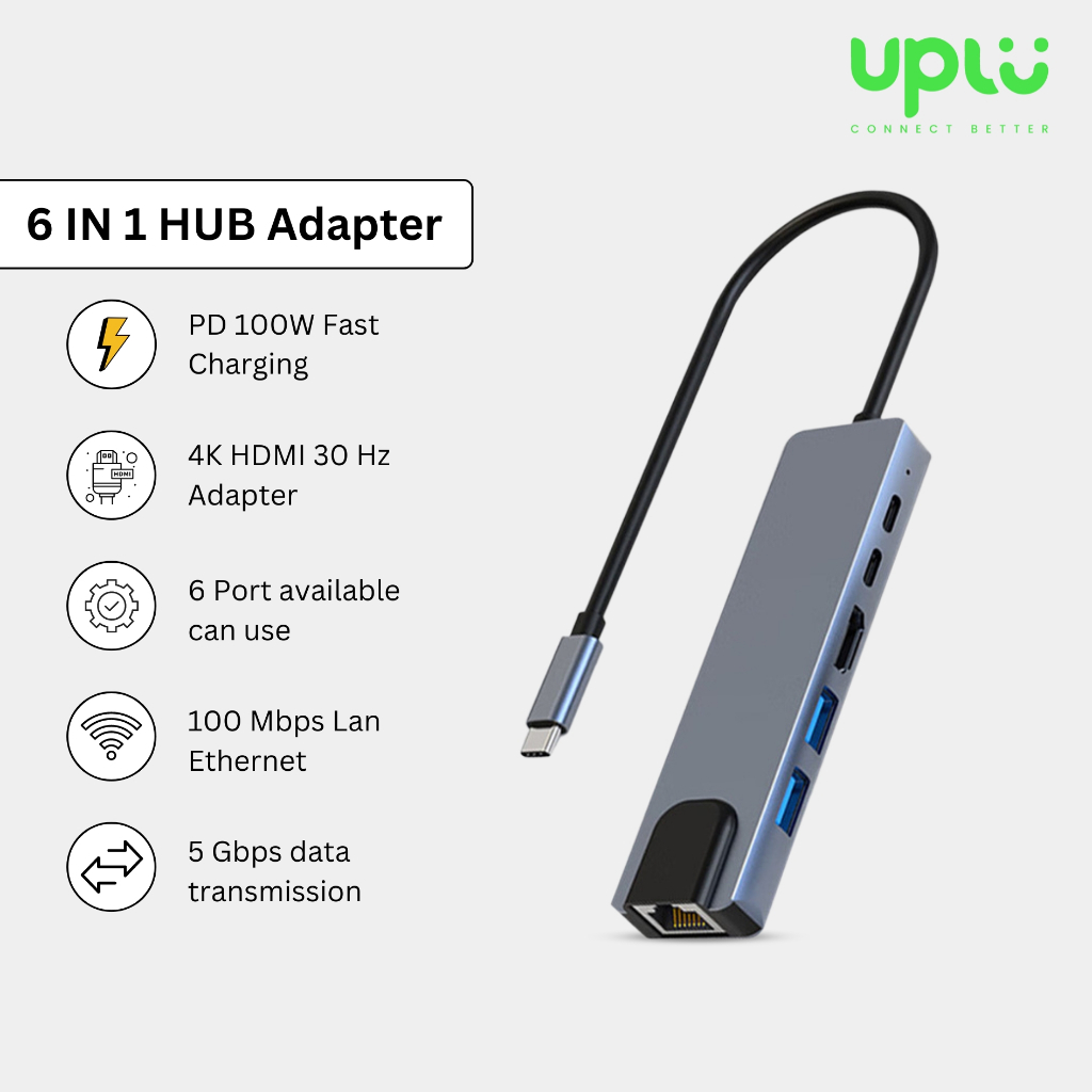 Jual UPLU 6-in-1 Adapter USB Type-C to HDMI 4K UHD Compatible RJ45 / HDD Eksternal PD100W Fast ...