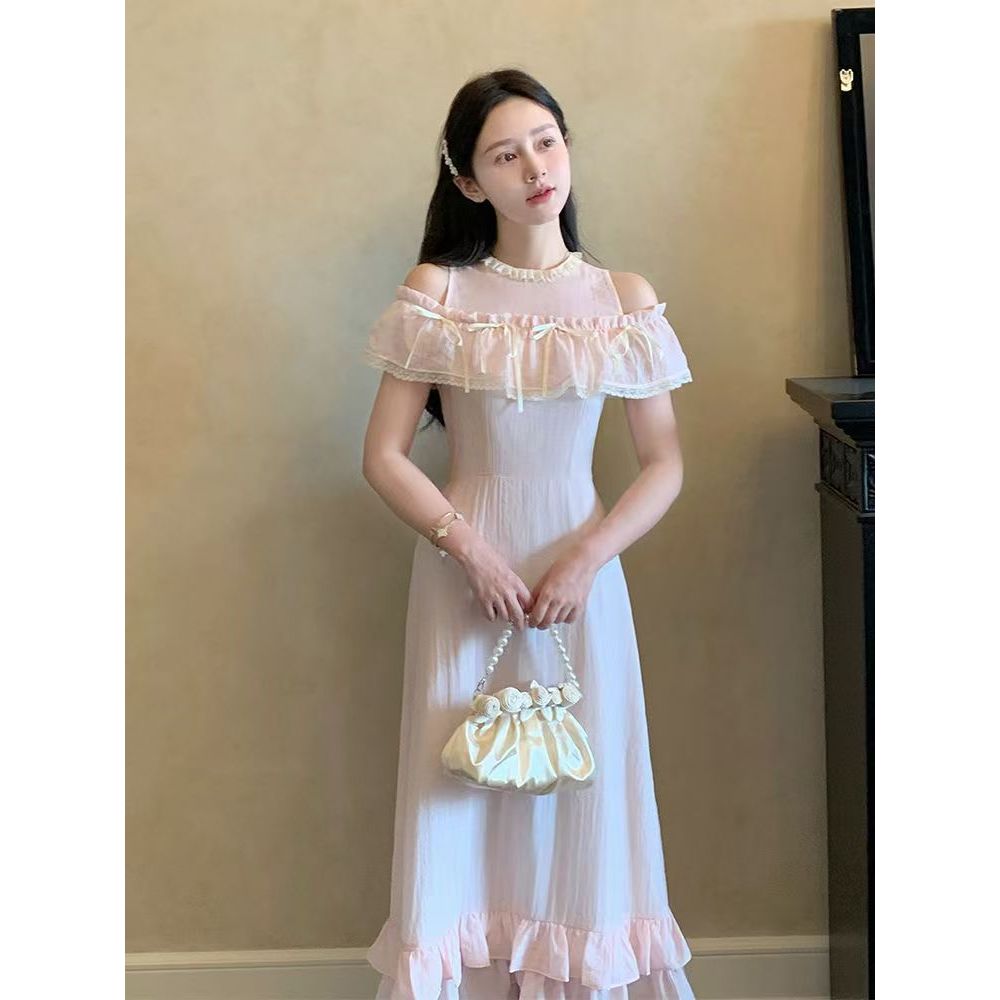 Jual Ruffled off-shoulder dress Merah muda lengan pendek busur rok ...