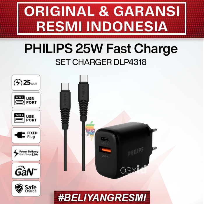 Jual Philips Set Charger DLP4318 Adaptor 25W Fast Charge + C to C cable ...